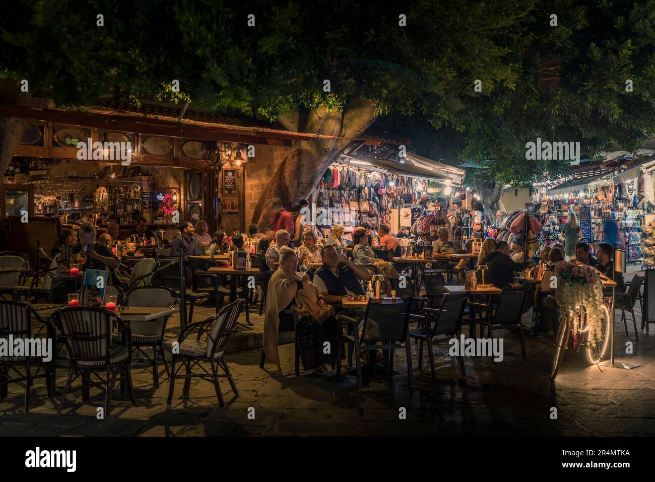 View of restaurants at night, Old Rhodes Town, UNESCO World Heritage ...