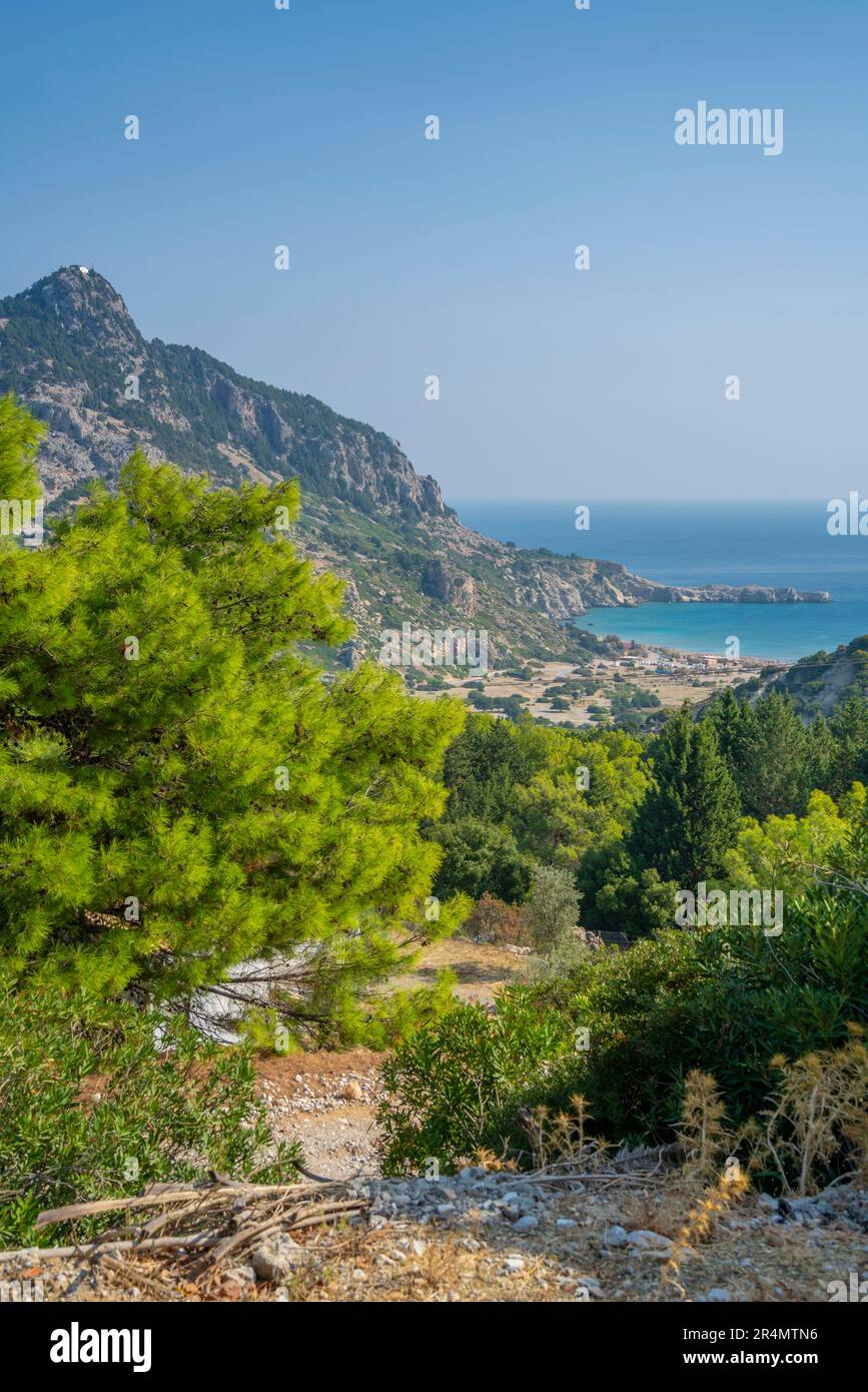 View of Tsambika Beach from elevated position, Rhodes, Dodecanese ...