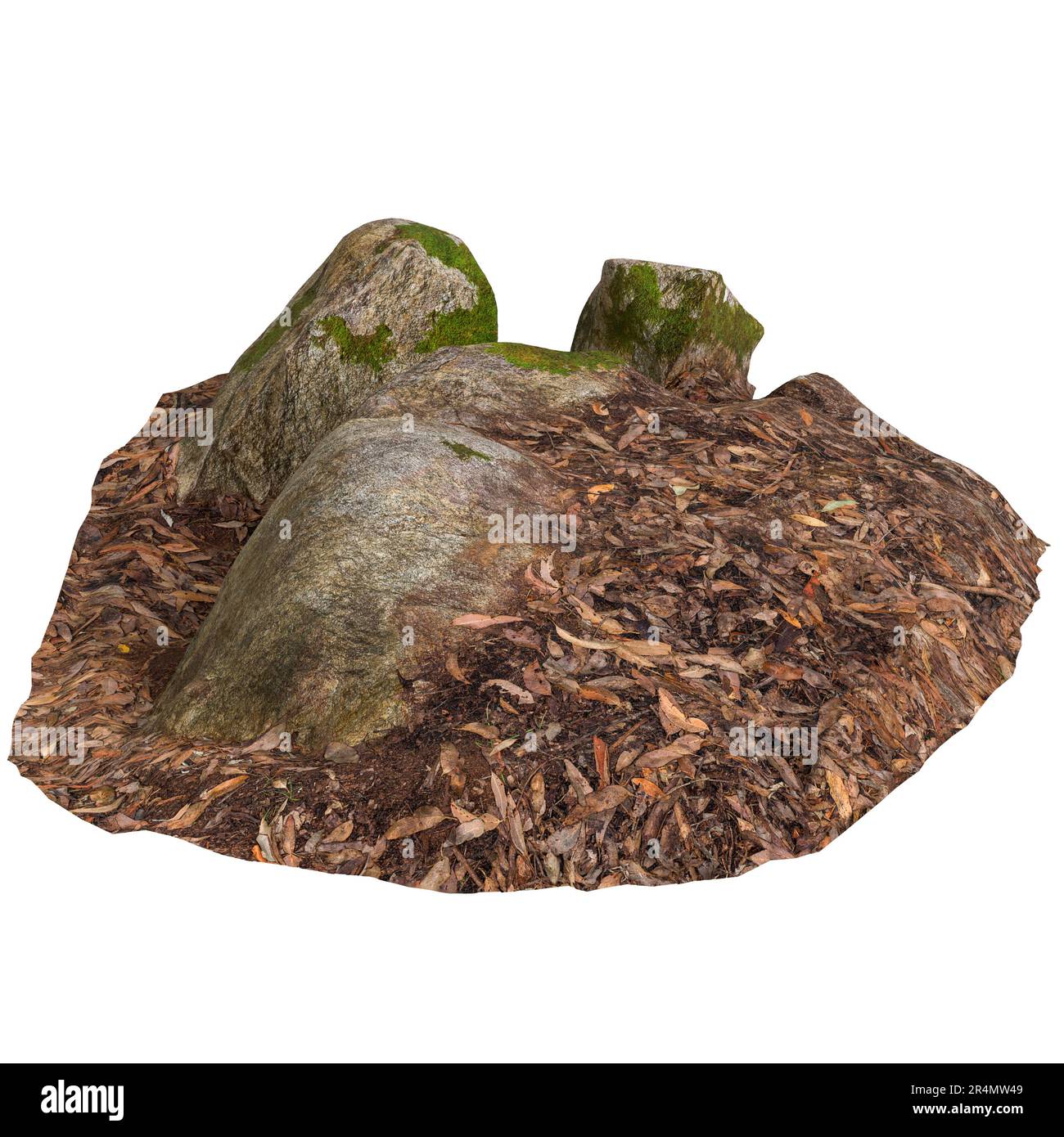 3d illustration of moss covered rocks, set on dry leaves isolated on ...