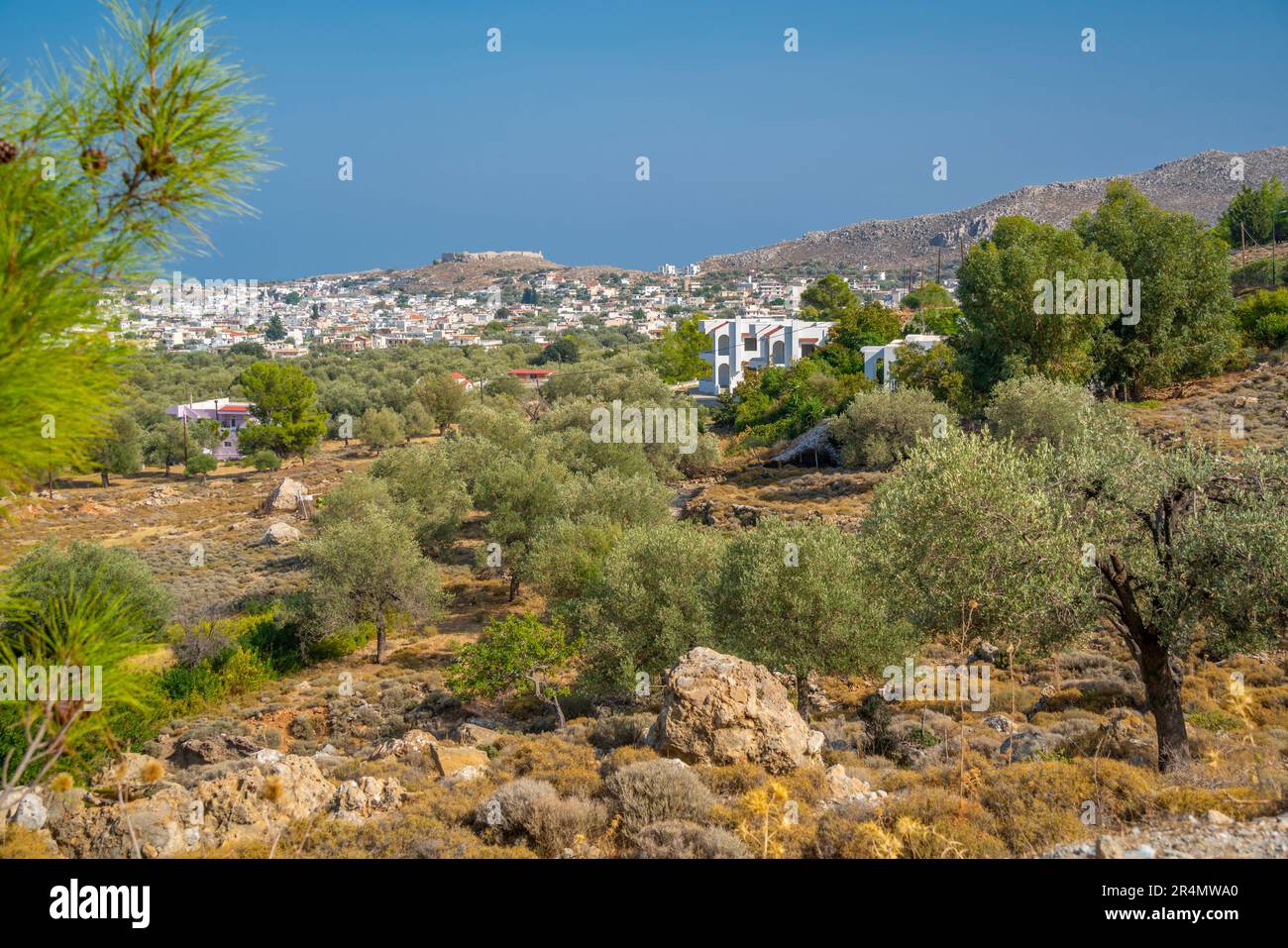 View of Archangelos and Archangelos Fort Castle, Rhodes, Dodecanese ...