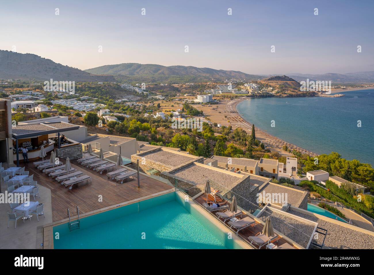 View of Theotokos and Paralia Massari Beach from elevated position ...