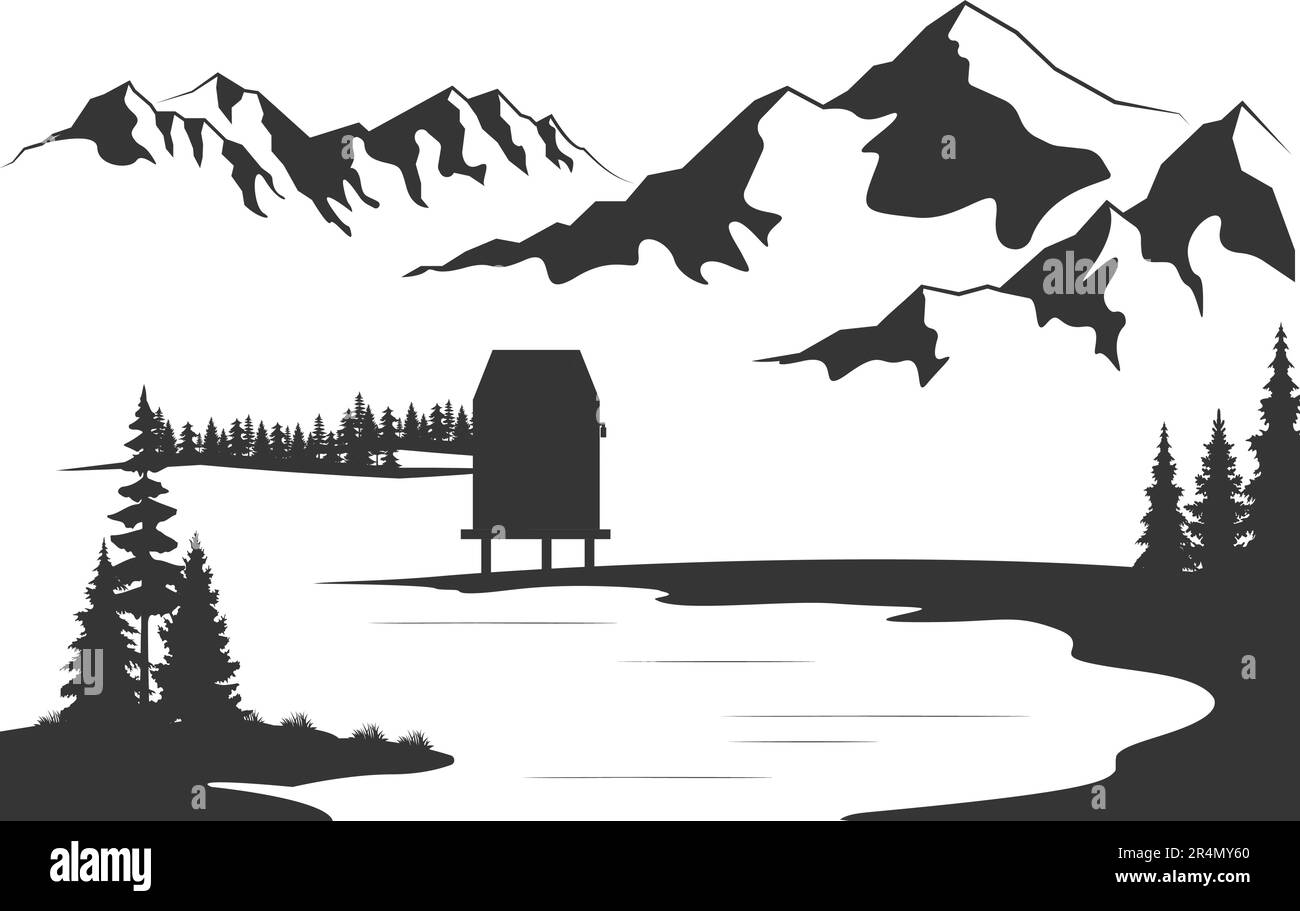 Landscape with large mountains. Nature sketch with house and river ...