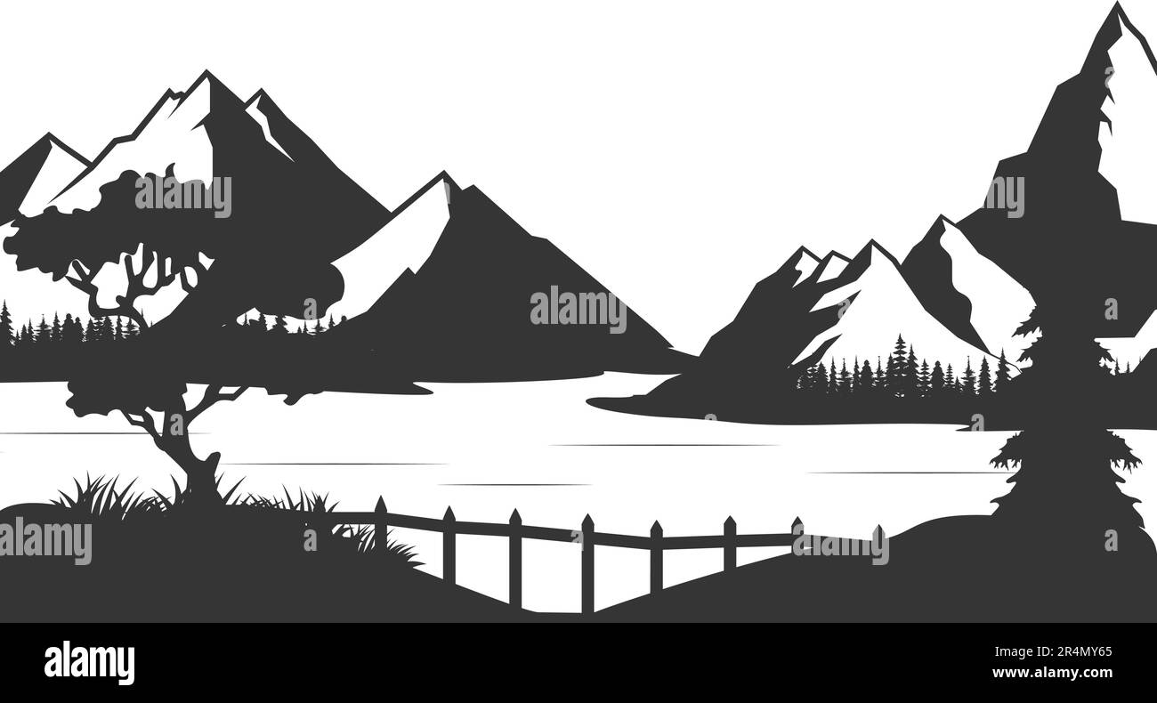 Wild natural landscape with mountains, lake, rocks. Illustration converted to vector Stock ...