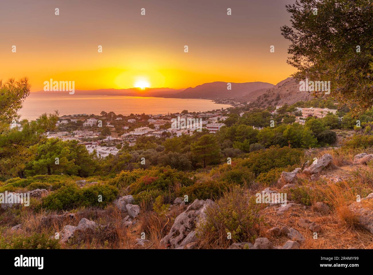View of Pefki and coastline from elevated position at sunset, Pefki ...