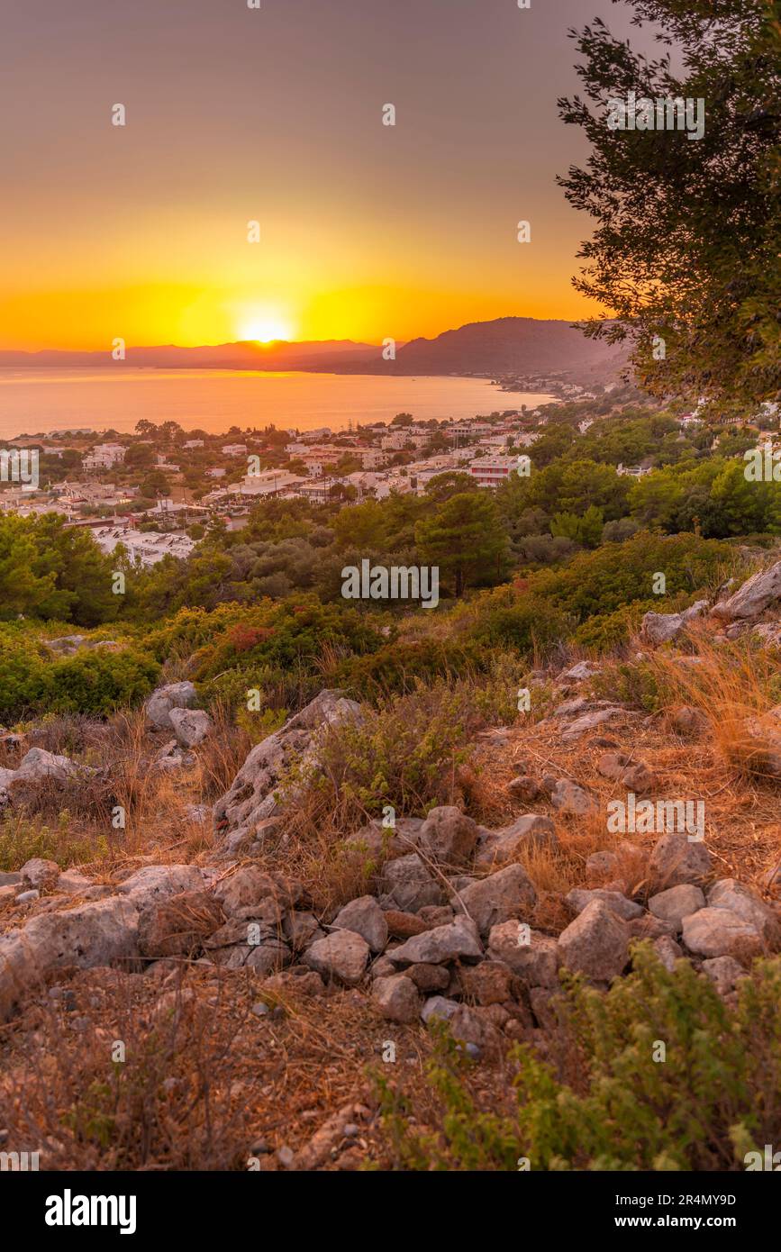 View of Pefki and coastline from elevated position at sunset, Pefki ...