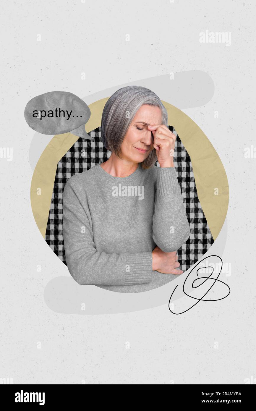 Collage artwork poster sketch of elderly tired woman suffer head pain ...