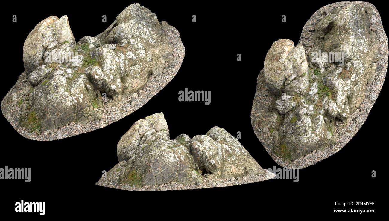 3d illustration of rocks on gravel shelf isolated on black background ...