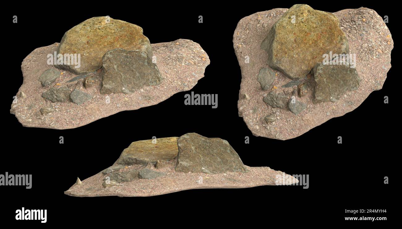 3d illustration of rocks on gravel shelf isolated on black background ...