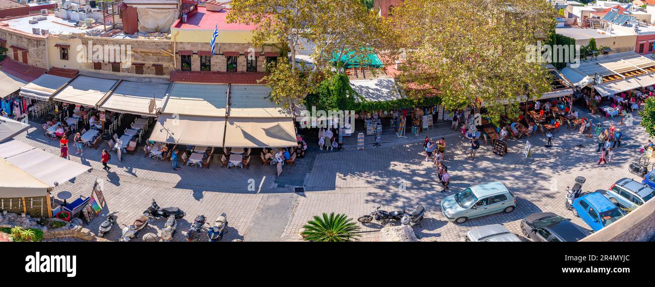 View of bars and restaurants from elevated position, Rhodes Old Town ...