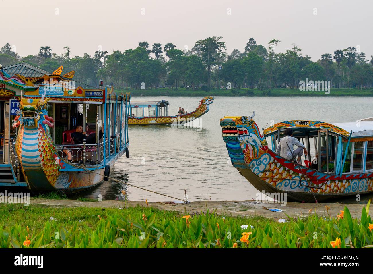 A small dragon boat with two tourists sails bay other moored dragon ...
