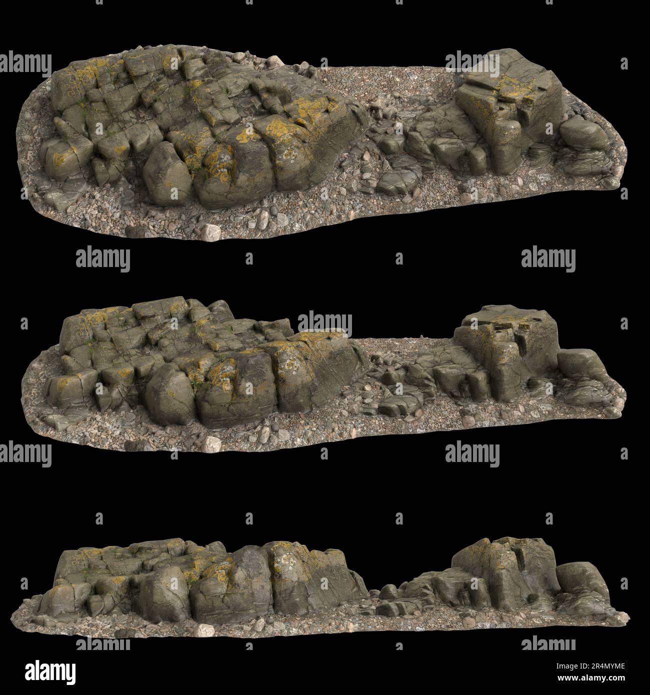 3d illustration of rocks on gravel shelf isolated on black background ...