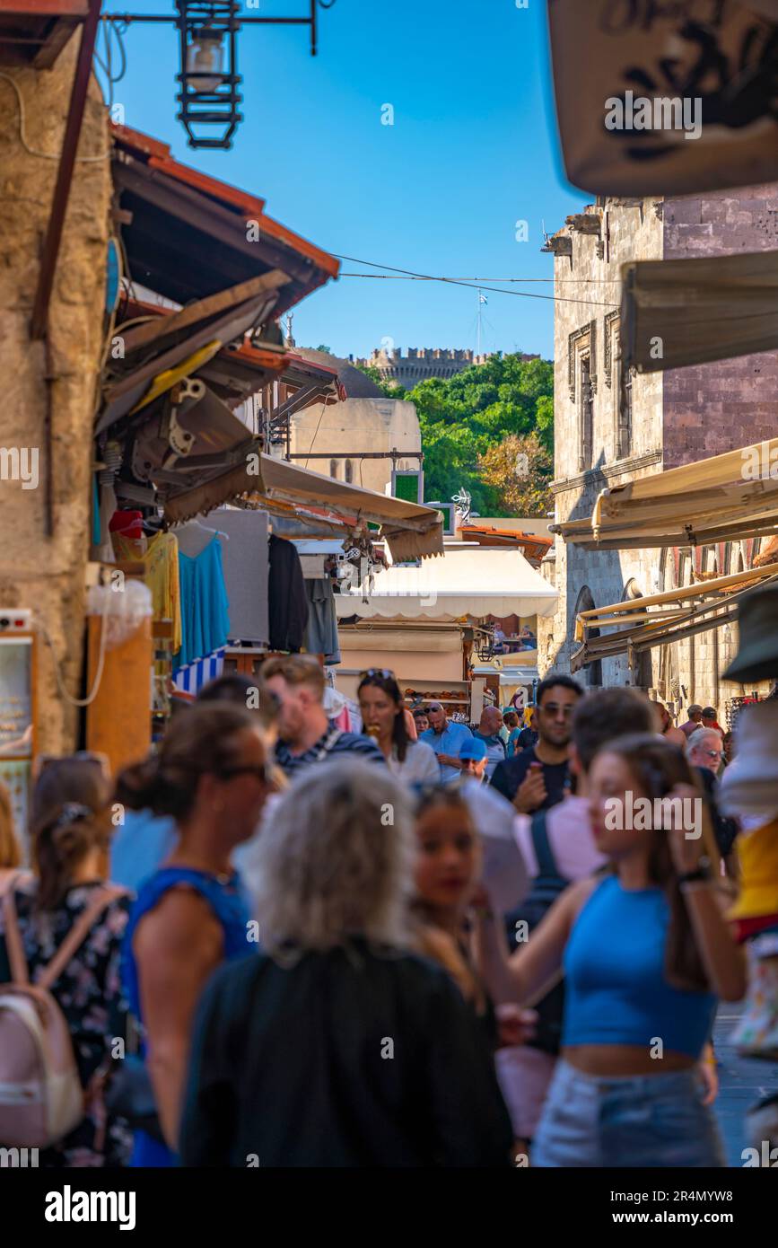 View of busy street in Old Rhodes Town, City of Rhodes, Rhodes ...