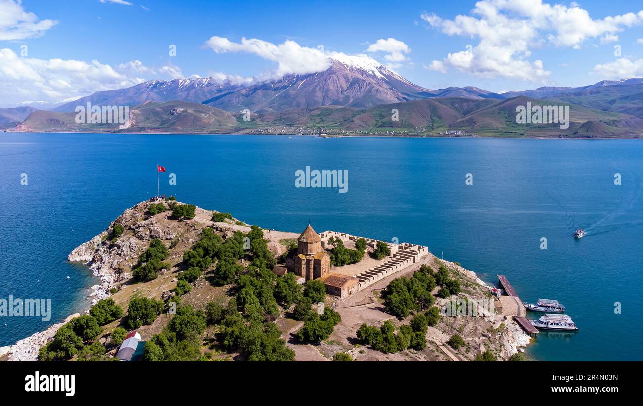 Akdamar Island in Van Lake. The Armenian Cathedral Church of the Holy ...