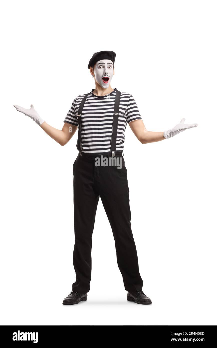 Full length portrait of a mime gesturing welcome isolated on white ...