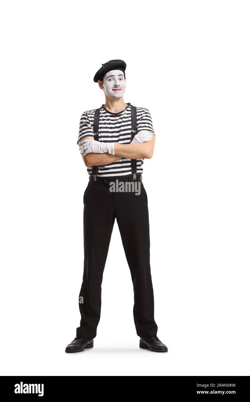 Full length portrait of a mime posing with folded arms isolated on ...