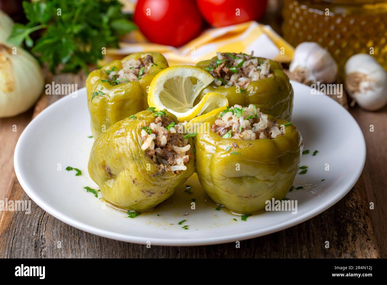 Traditional delicious Turkish food; stuffed bell peppers with meat ...
