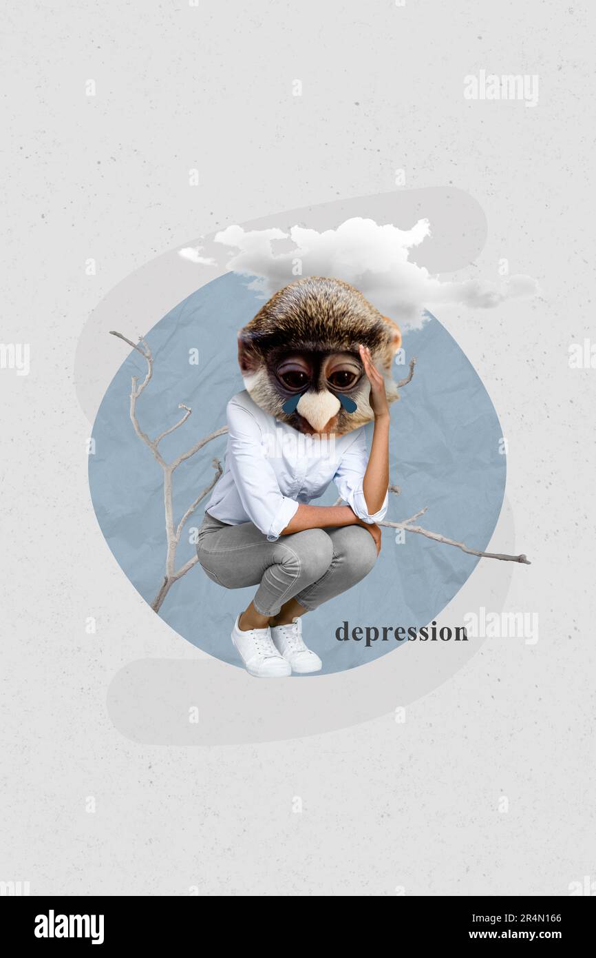 Artwork image collage sketch of sad depressed personage weird face ...