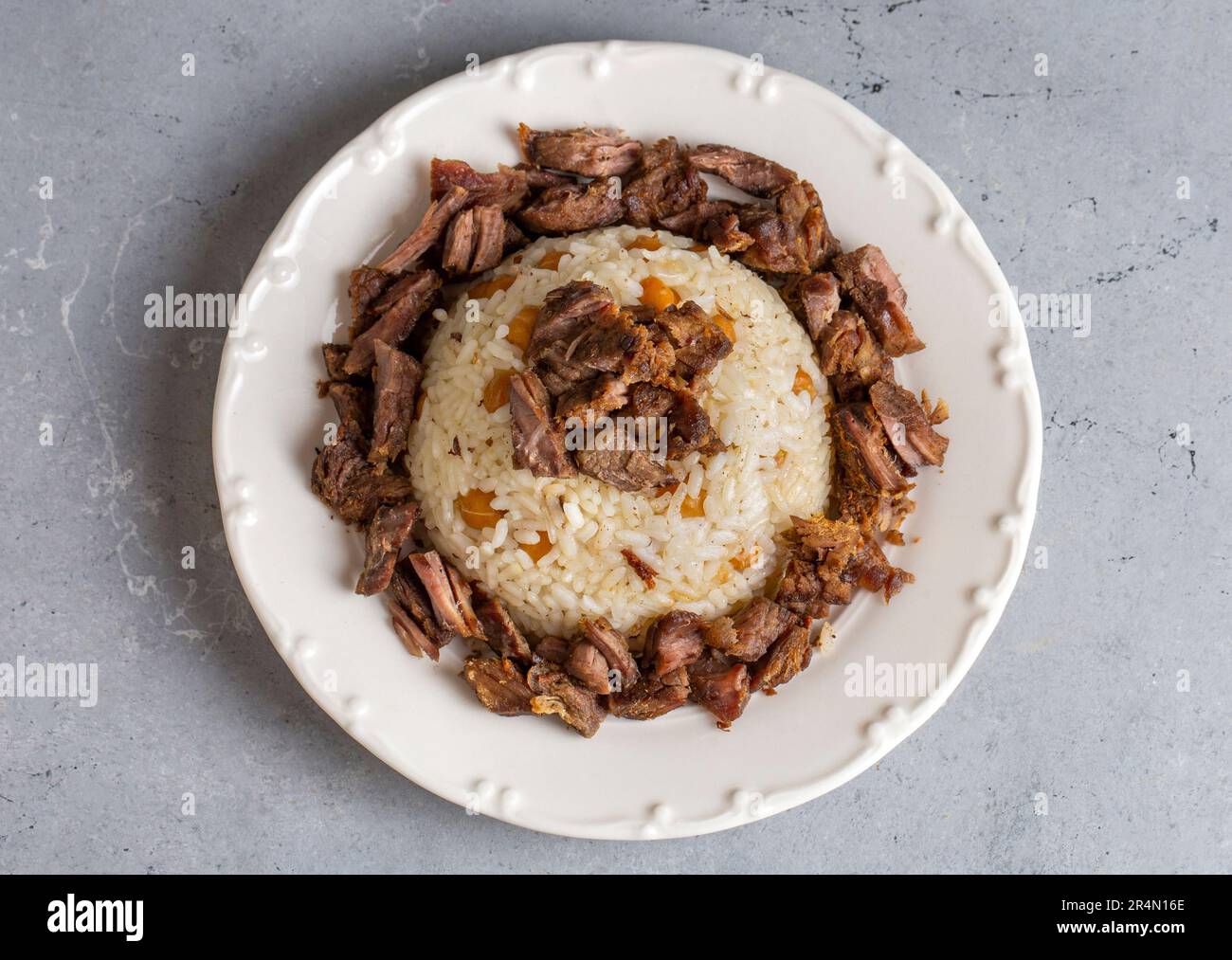 Traditional Turkish food; Roasted meat on rice (Turkish name; pilav ...