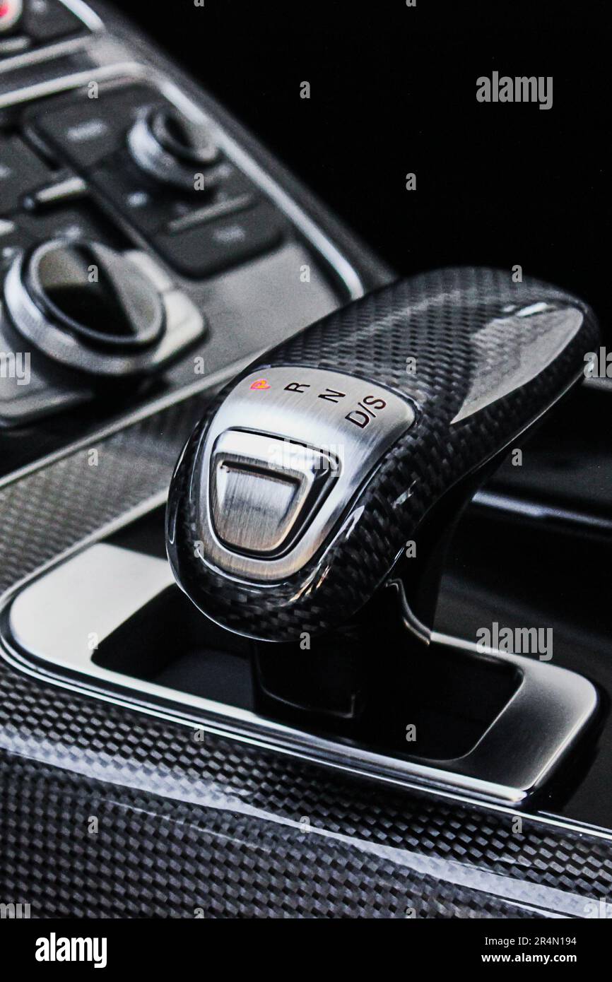 Dark luxury Interior. Shift Lever. Automatic transmission. Carbon Stock ...