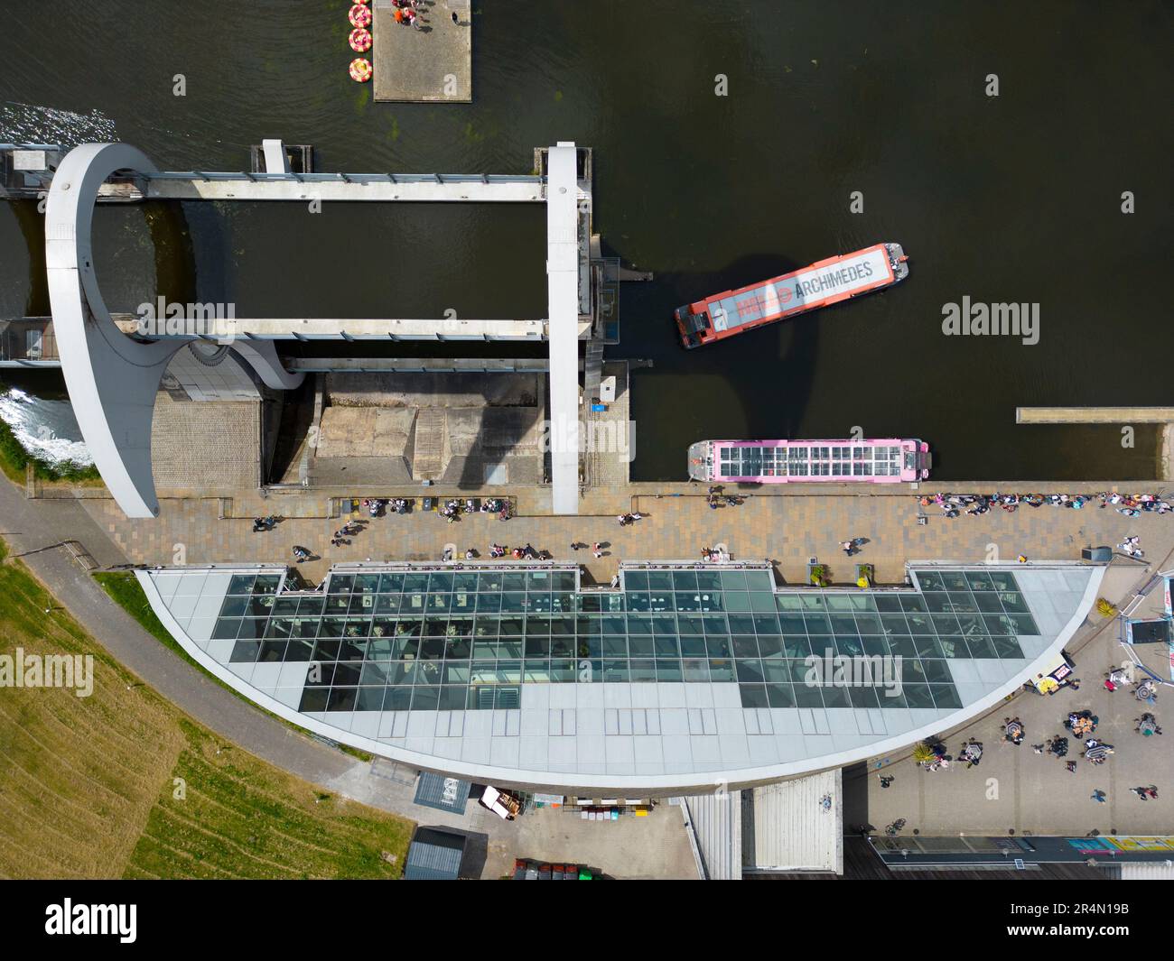 Aerial view from drone of Falkirk Wheel rotating boat lift on Forth and ...