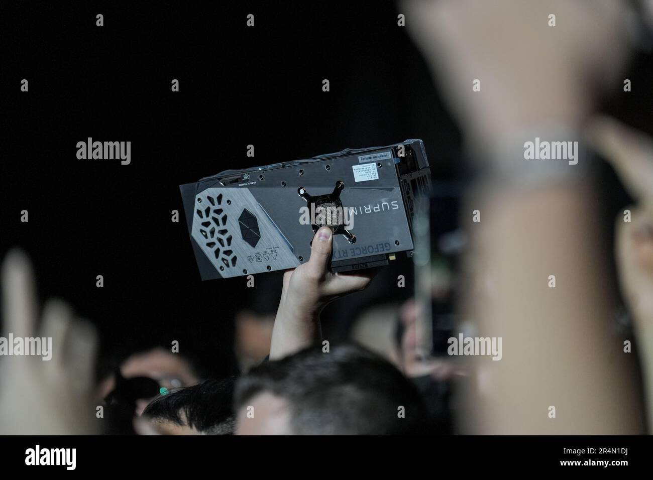 The NVIDIA 4060Ti graphics card shown during the Nvidia president and ...