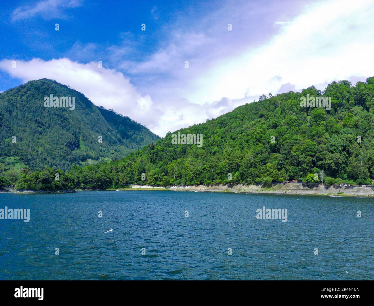 Aerial view of Telaga Sarangan or Lake Sarangan, Magetan, East Java ...