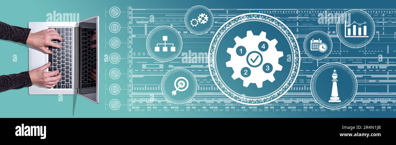 Top view of hands using laptop with symbol of action plan concept Stock ...