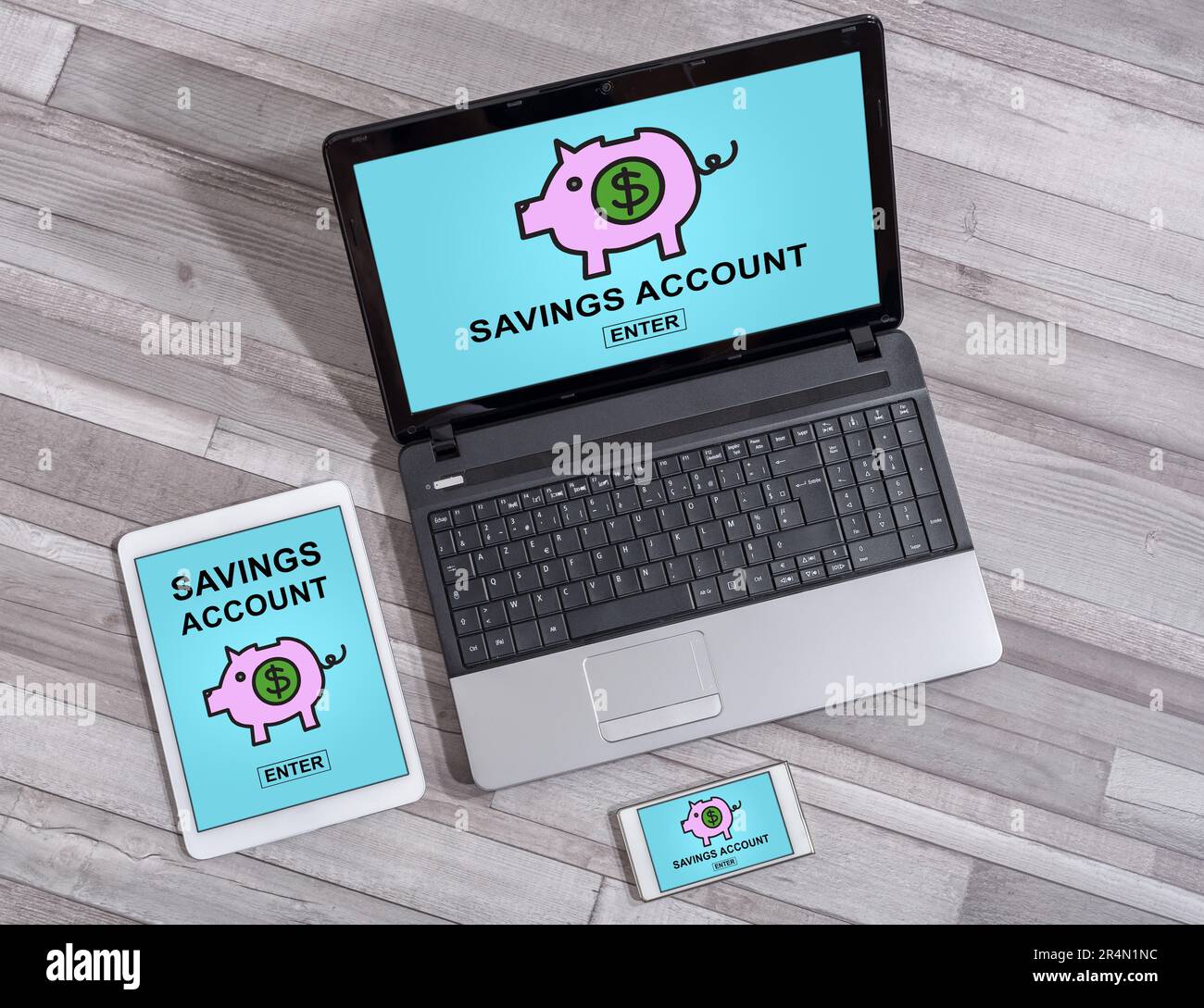 Savings account concept shown on different information technology ...