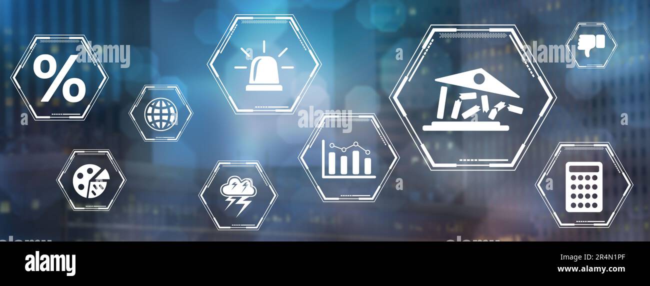 Concept of economic collapse with icons on blurred dark background ...