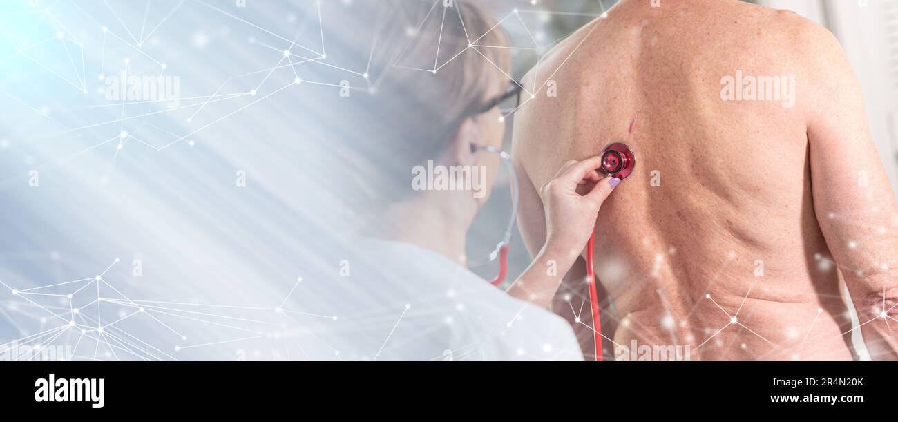 Female doctor using stethoscope to exam patient; panoramic banner Stock ...