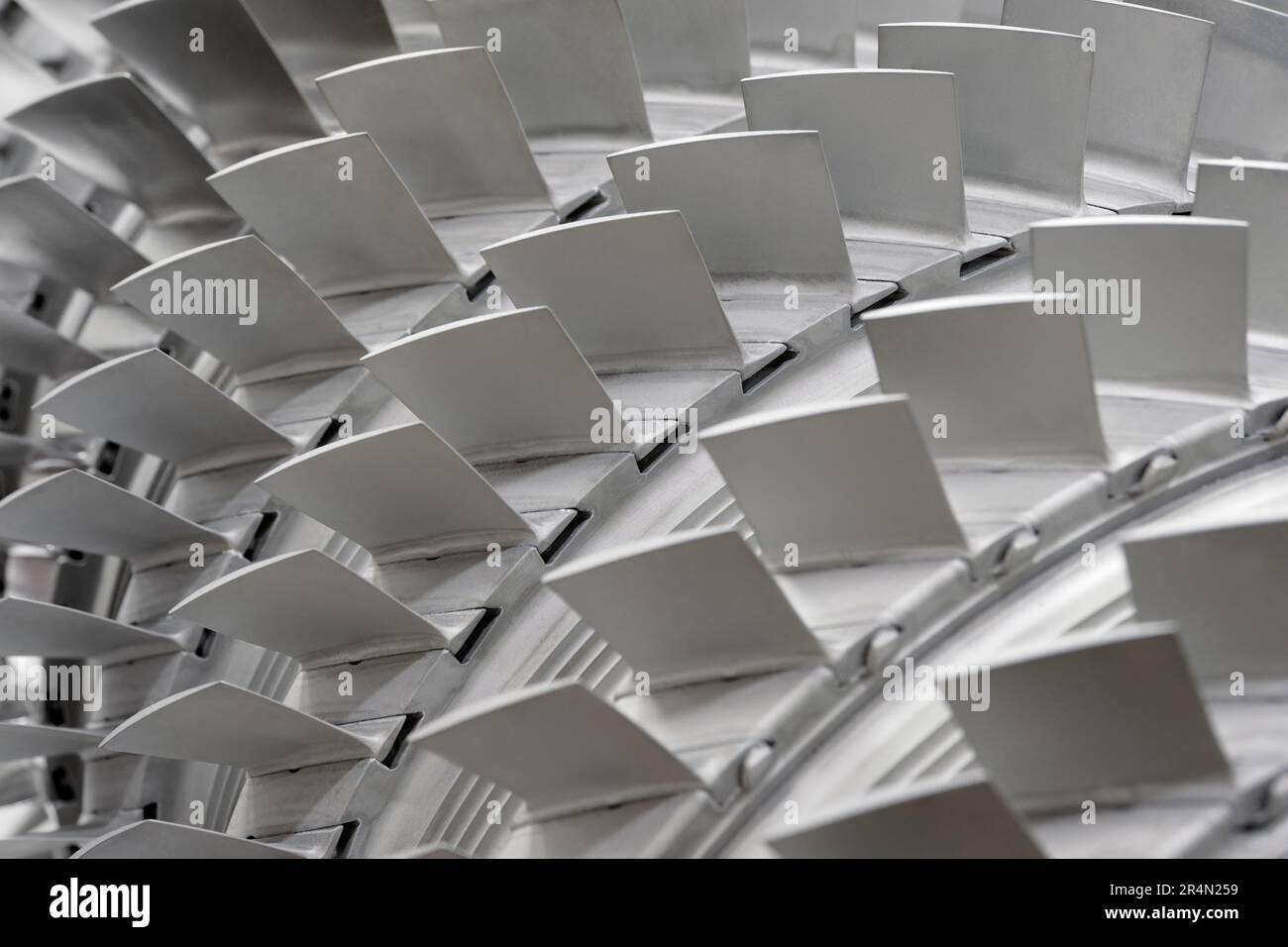 Horizontal close-up shot of turbine blades set, aircraft or energetics ...