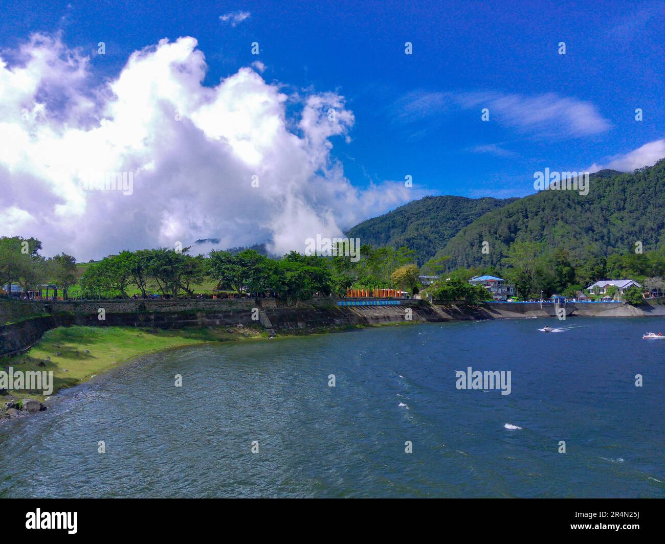 Aerial view of Telaga Sarangan or Lake Sarangan, Magetan, East Java ...