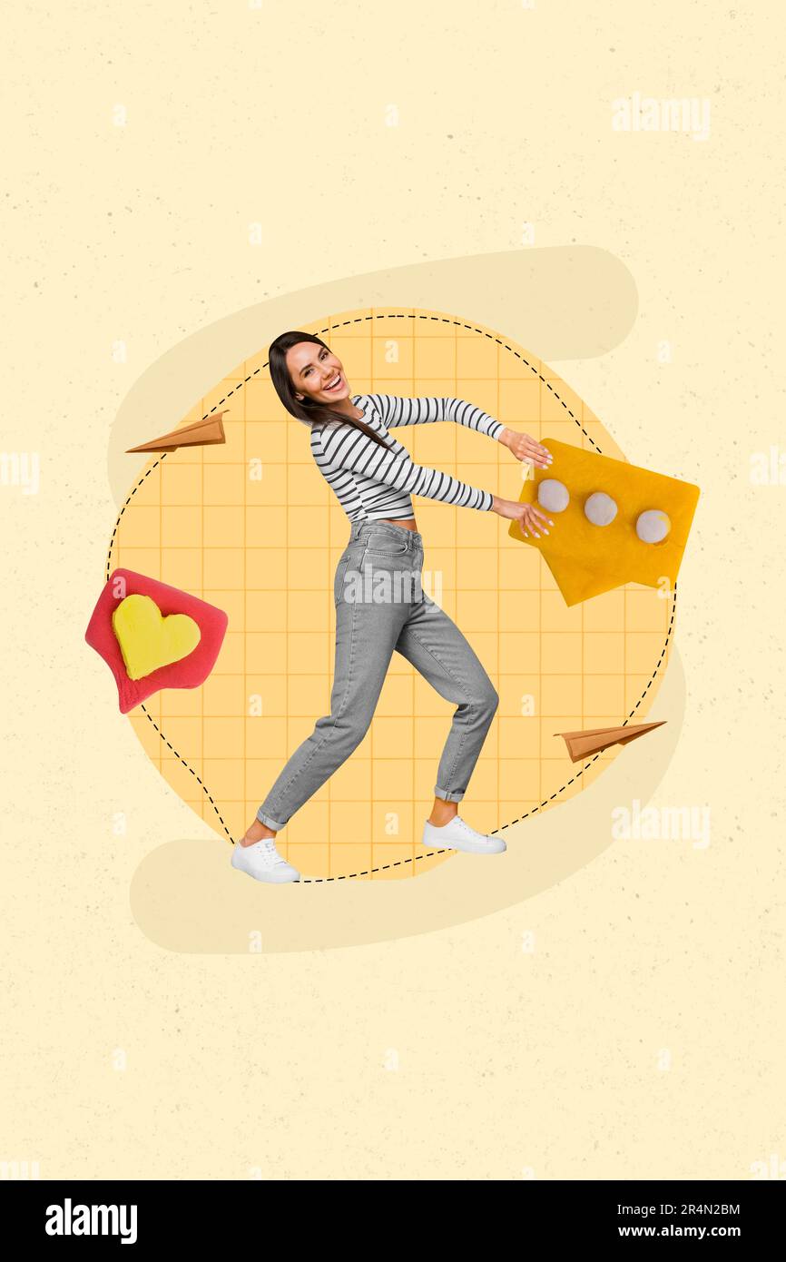 Poster artwork 3d collage sketch of crazy positive girl receive sms ...