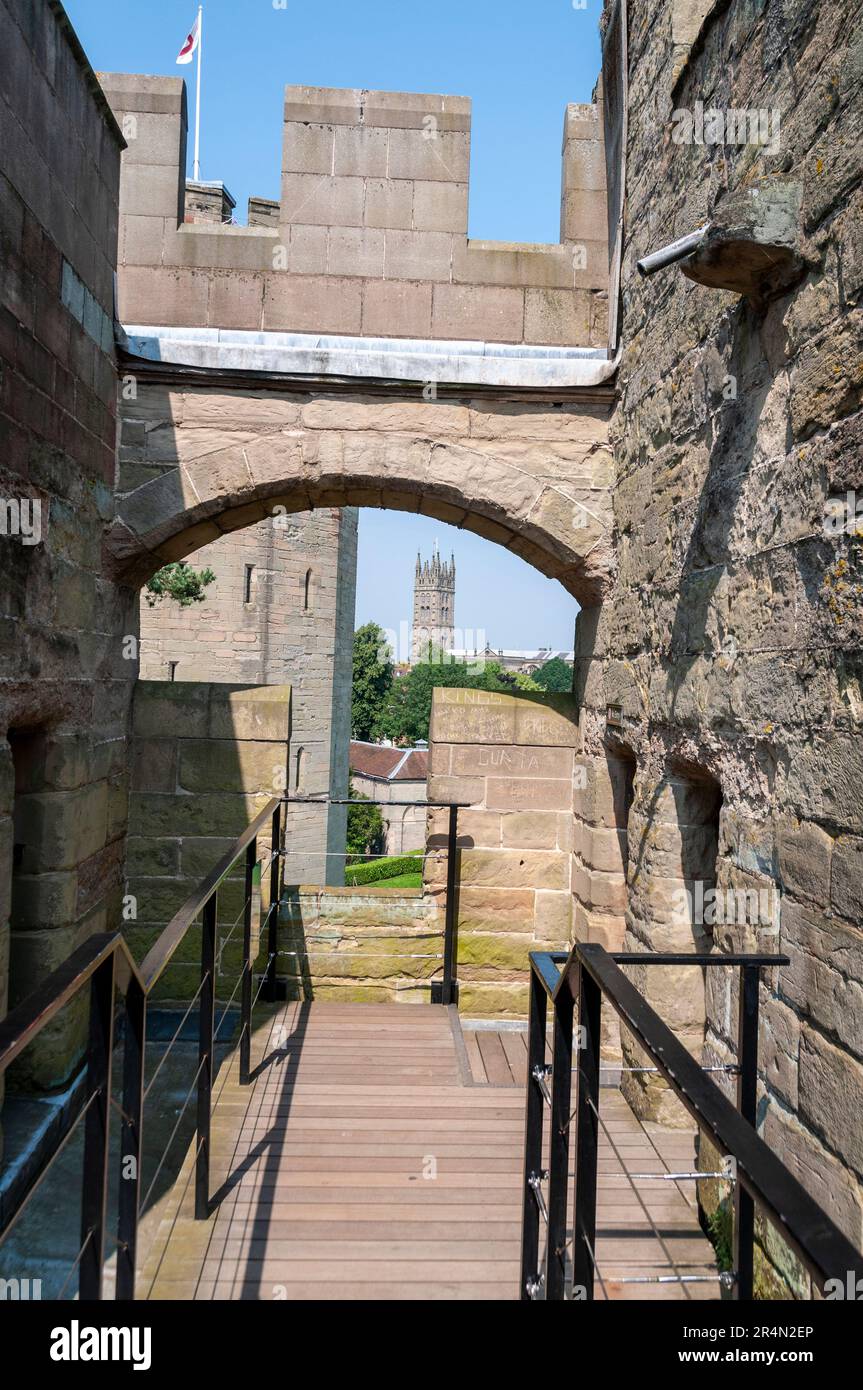 Through an archway on the battlements of Warwick Castle towards the ...