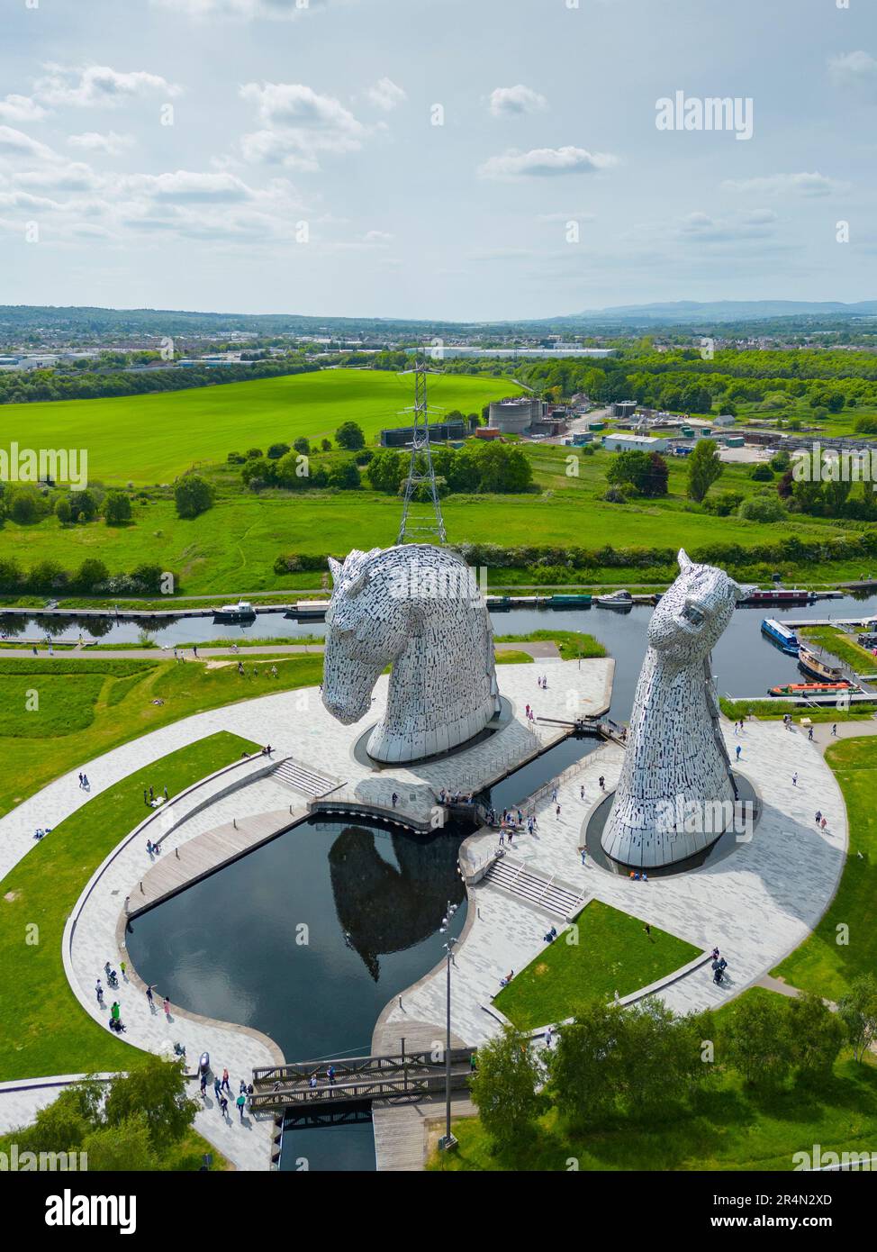 Aerial view of The Kelpies horse sculptures in Helix park in Falkirk ...