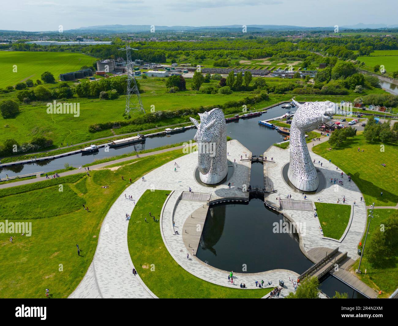 Aerial view of The Kelpies horse sculptures in Helix park in Falkirk ...