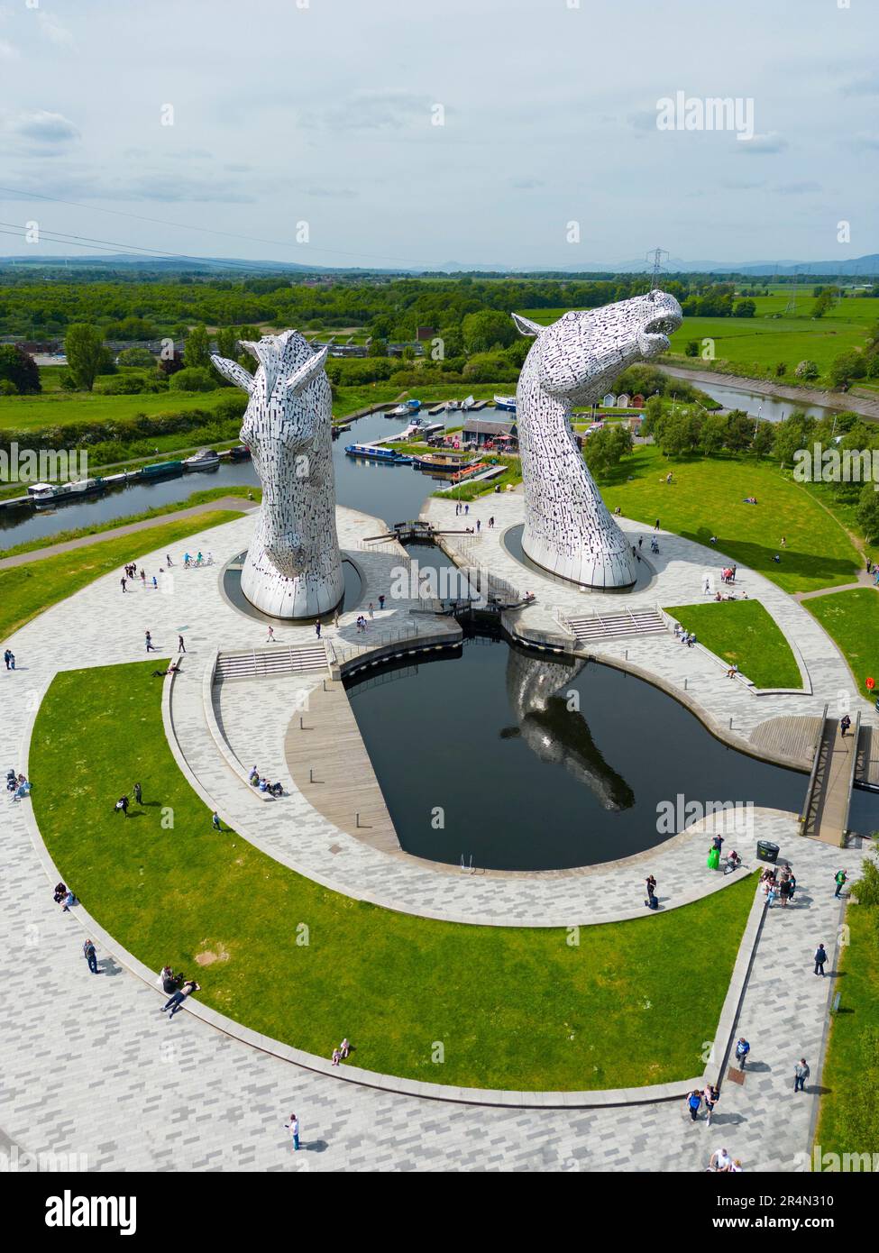 Aerial view of The Kelpies horse sculptures in Helix park in Falkirk ...