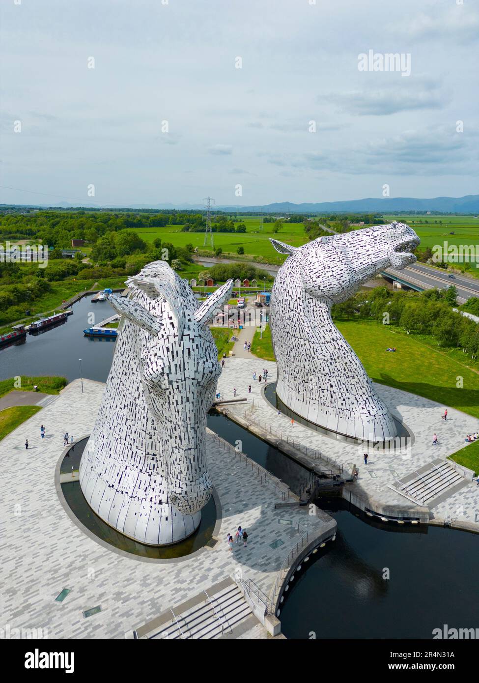 Aerial view of The Kelpies horse sculptures in Helix park in Falkirk ...