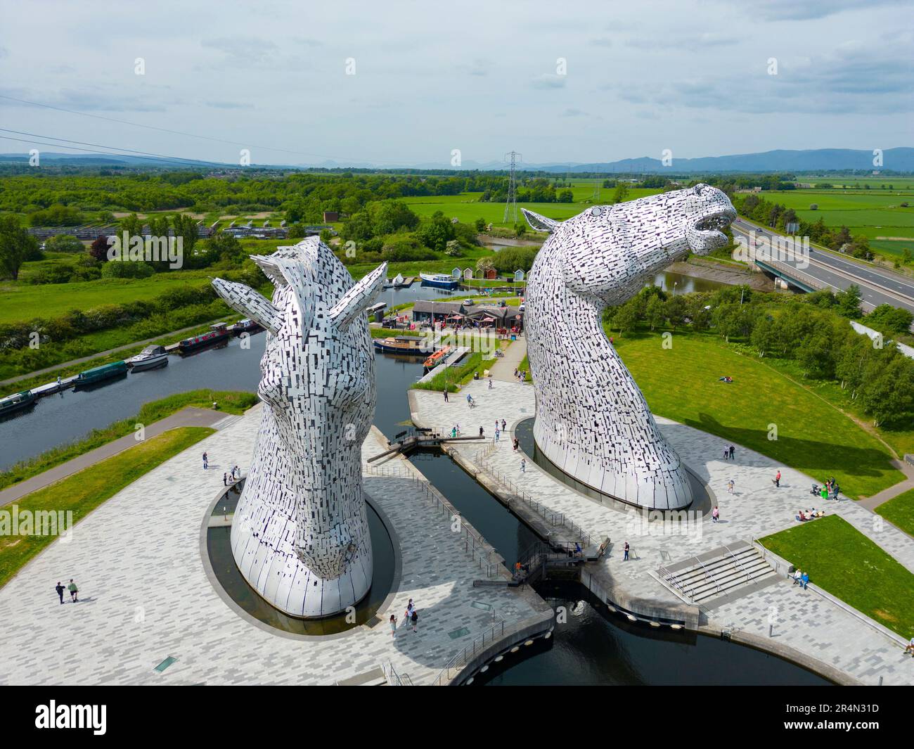 Aerial view of The Kelpies horse sculptures in Helix park in Falkirk ...