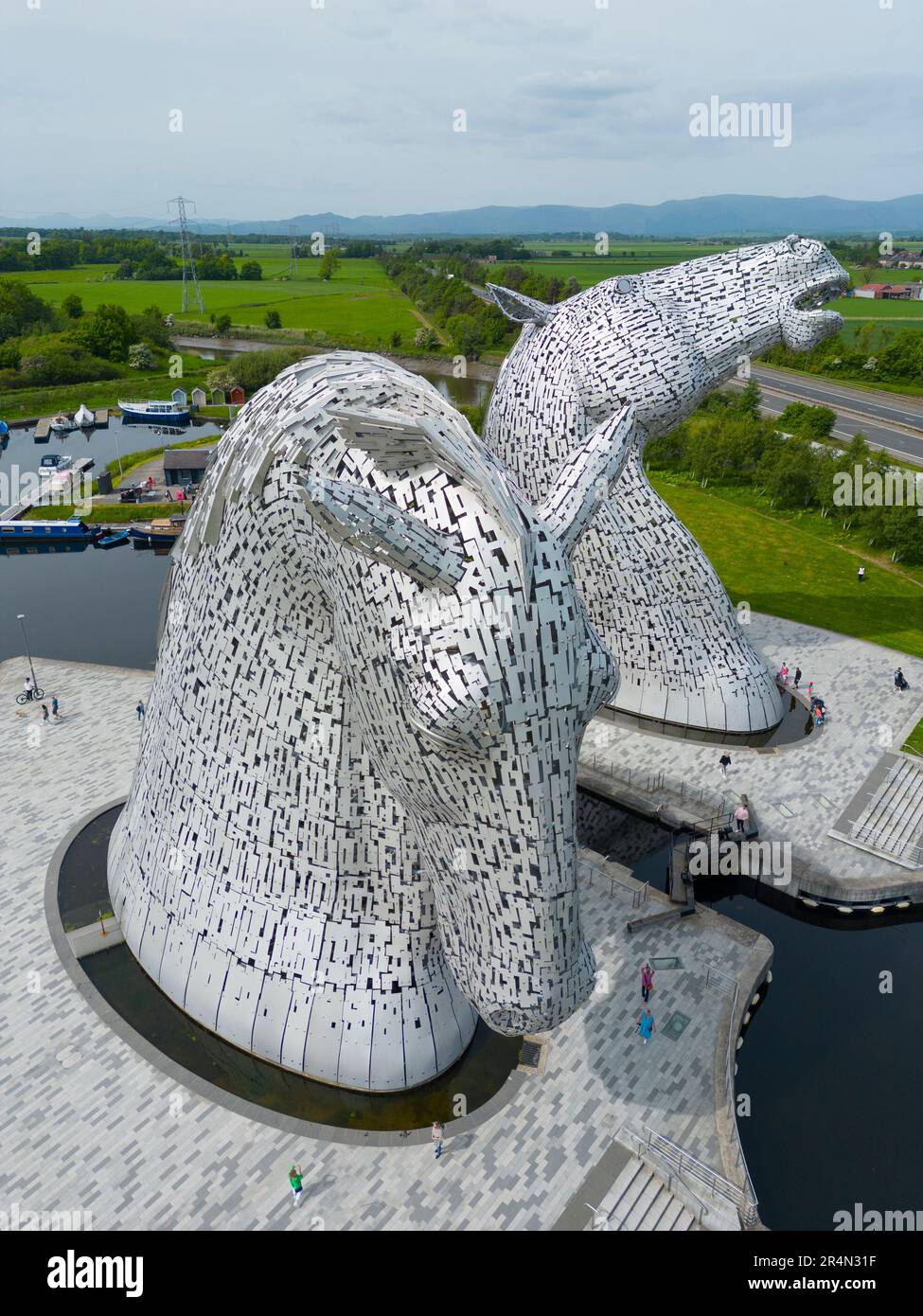 Aerial view of The Kelpies horse sculptures in Helix park in Falkirk ...