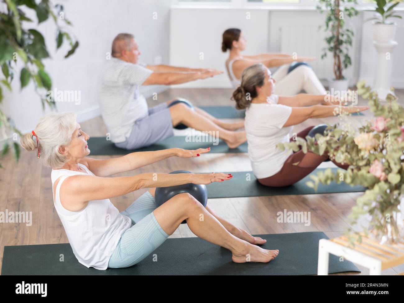 Portrait of elderly people doing exercises for press with pilates ball ...