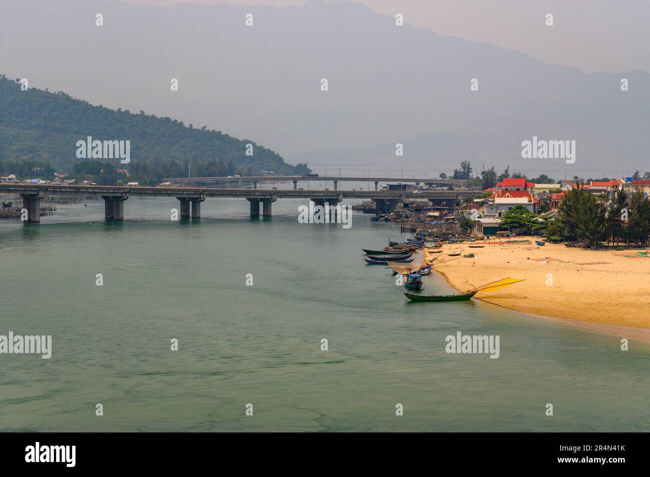 View over Lang Co village, lagoon and bridge from National Route 1 road ...