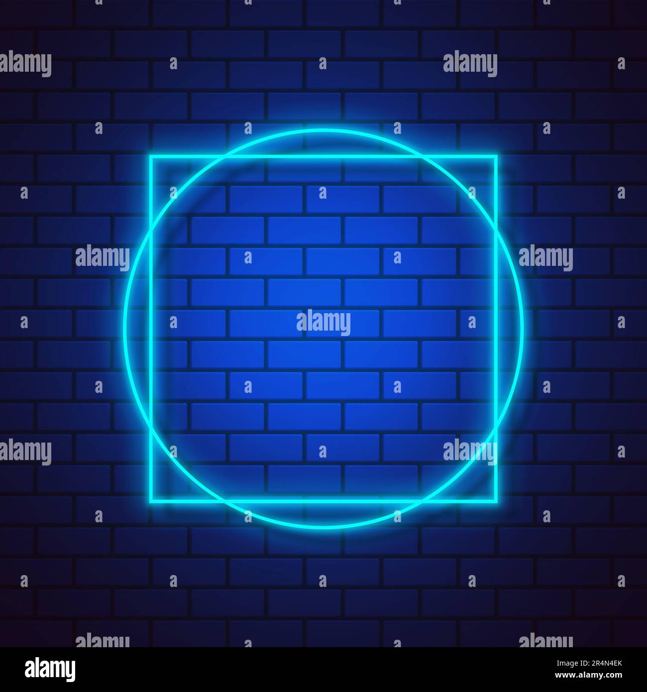 Glowing neon square and circle frame on blue gradient brick wall background Stock Photo - Alamy