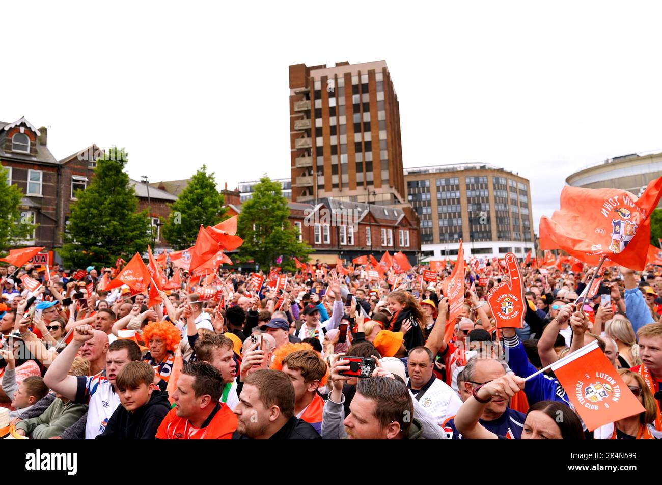 Luton Town fans in St George's Square as they await the arrival of the ...