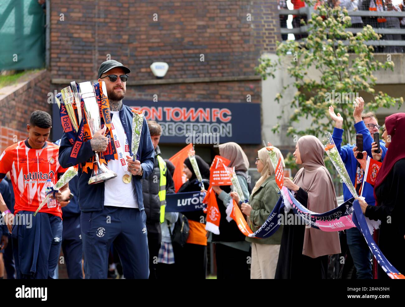 Luton Town's Sonny Bradley leaves Luton Town's main reception holding ...