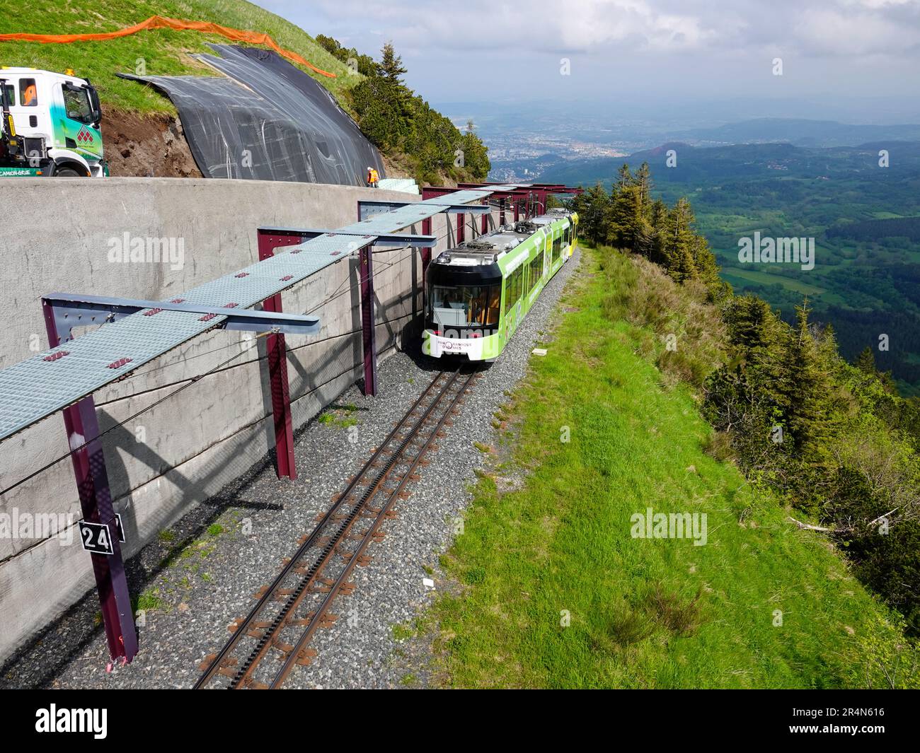 The Panoramique des Dômes, a rack railway, taking tourists up and down ...