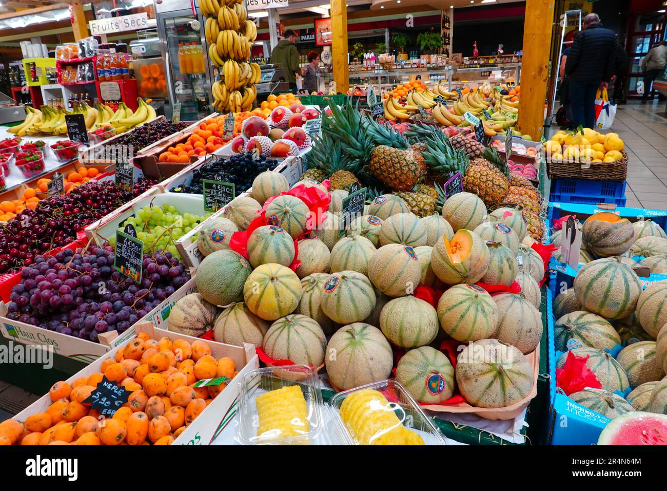 Assorted fruit on display in the Halle Gourmande Saint-Pierre, indoor ...