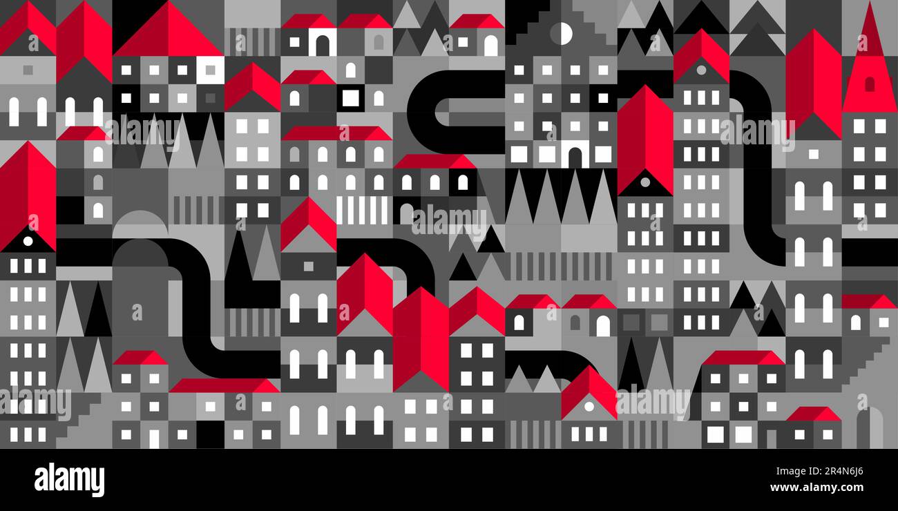 Seamless Black And Red And White Abstract Vector Bauhaus Geometric City ...