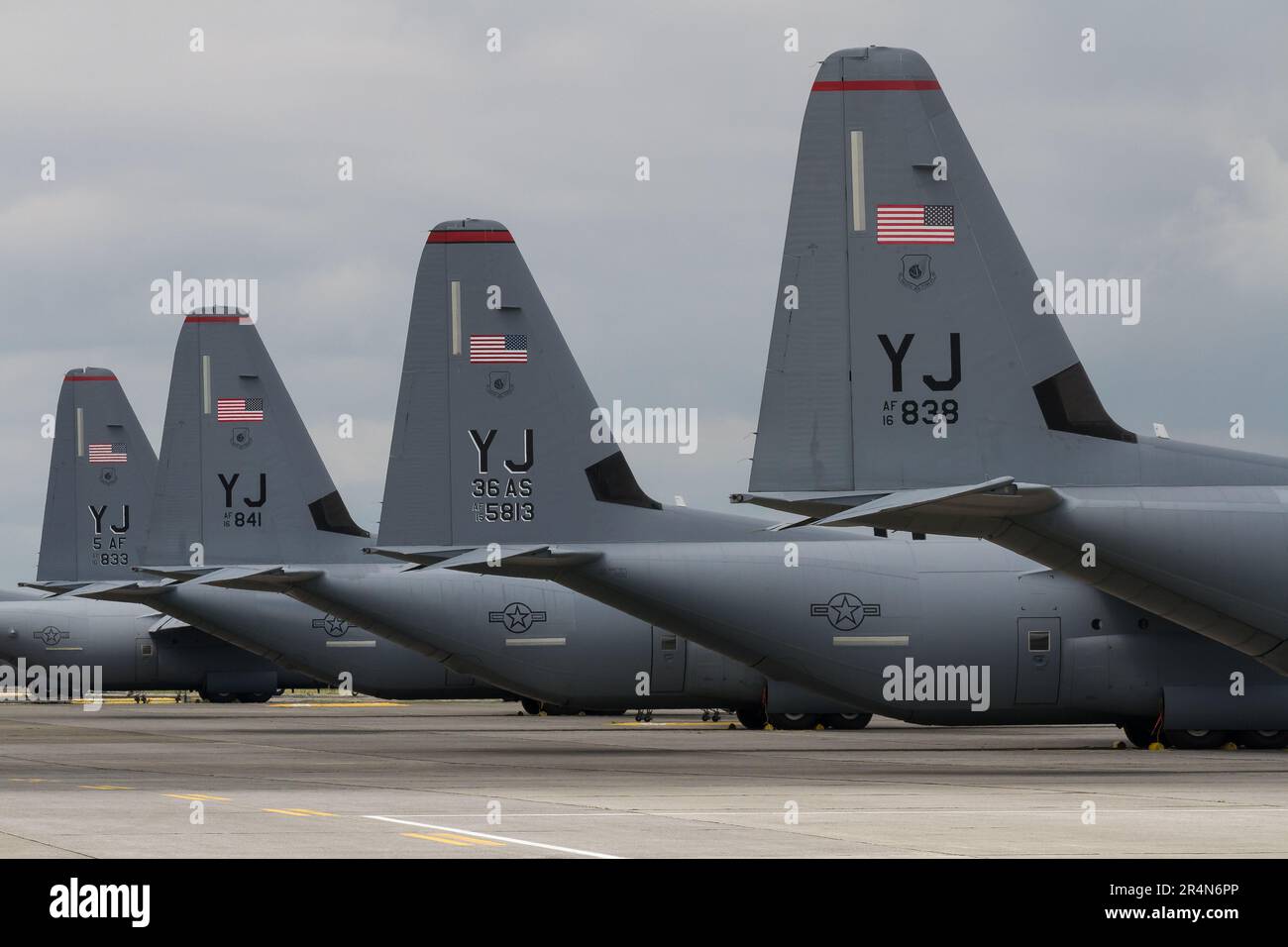 The tail-fins of a line of US airforce (USAF) Lockheed Martin C130-J ...