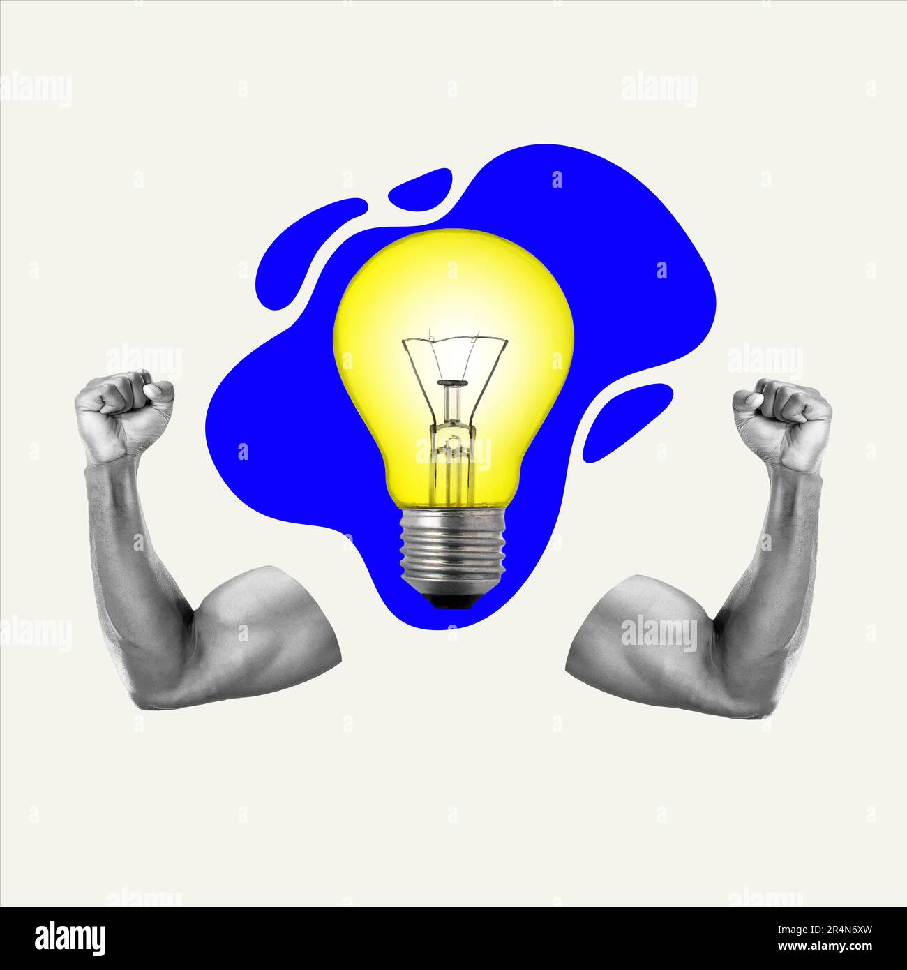 Power in creativity. Human hands with muscles and light bulb ...